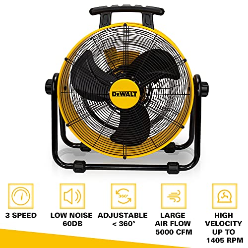 DEWALT DXF-2042 High-Velocity Industrial,Floor,Drum,Barn,Warehouse Fan Heavy Duty Mover Portable Air Circulator 3-Speed Adjustable Tilt, 20", Yellow