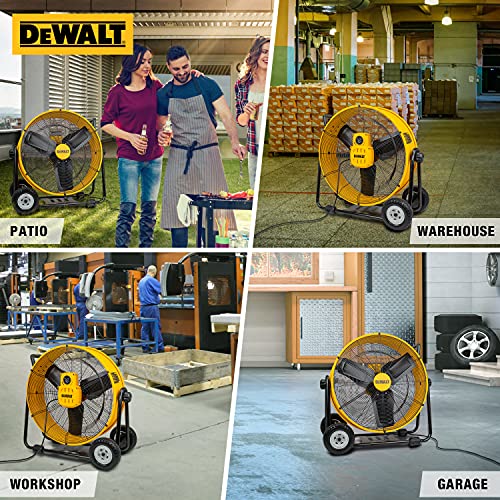 DEWALT DXF-2490 High-Velocity Industrial, Drum, Floor, Barn, Warehouse Fan, Heavy Duty Air Mover with Adjustable Tilt & Large Wheel, 24", Yellow