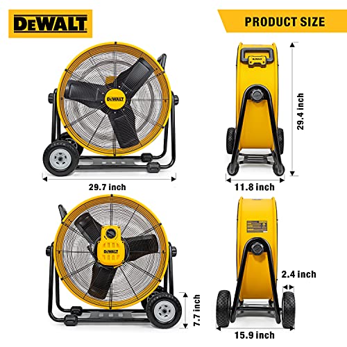 DEWALT DXF-2490 High-Velocity Industrial, Drum, Floor, Barn, Warehouse Fan, Heavy Duty Air Mover with Adjustable Tilt & Large Wheel, 24", Yellow