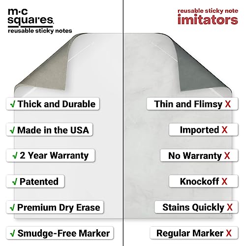 M.C. Squares Dry Erase Reusable Sticky Notes | 4x4 Stickies 6-Pack | 2-Year Re-Stickable & Erasable Post Notes | Smudge-Free Tackie Marker | USA Made