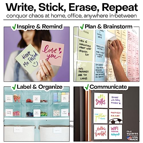 M.C. Squares Dry Erase Reusable Sticky Notes | 4x4 Stickies 6-Pack | 2-Year Re-Stickable & Erasable Post Notes | Smudge-Free Tackie Marker | USA Made