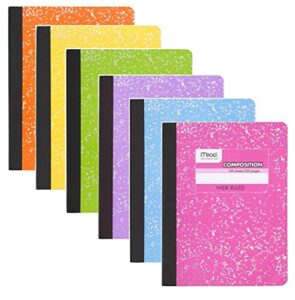 mead composition book, 6 pack of wide ruled composition notebooks, wide rule paper, 100 sheets (200 pages), pastel color notebook