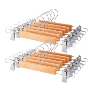 elong home wooden pants hangers 12packs, skirt hangers with adjustable clips, non slip wood clothes hangers with clips, space saving hangers for pants skirts trousers slacks jeans