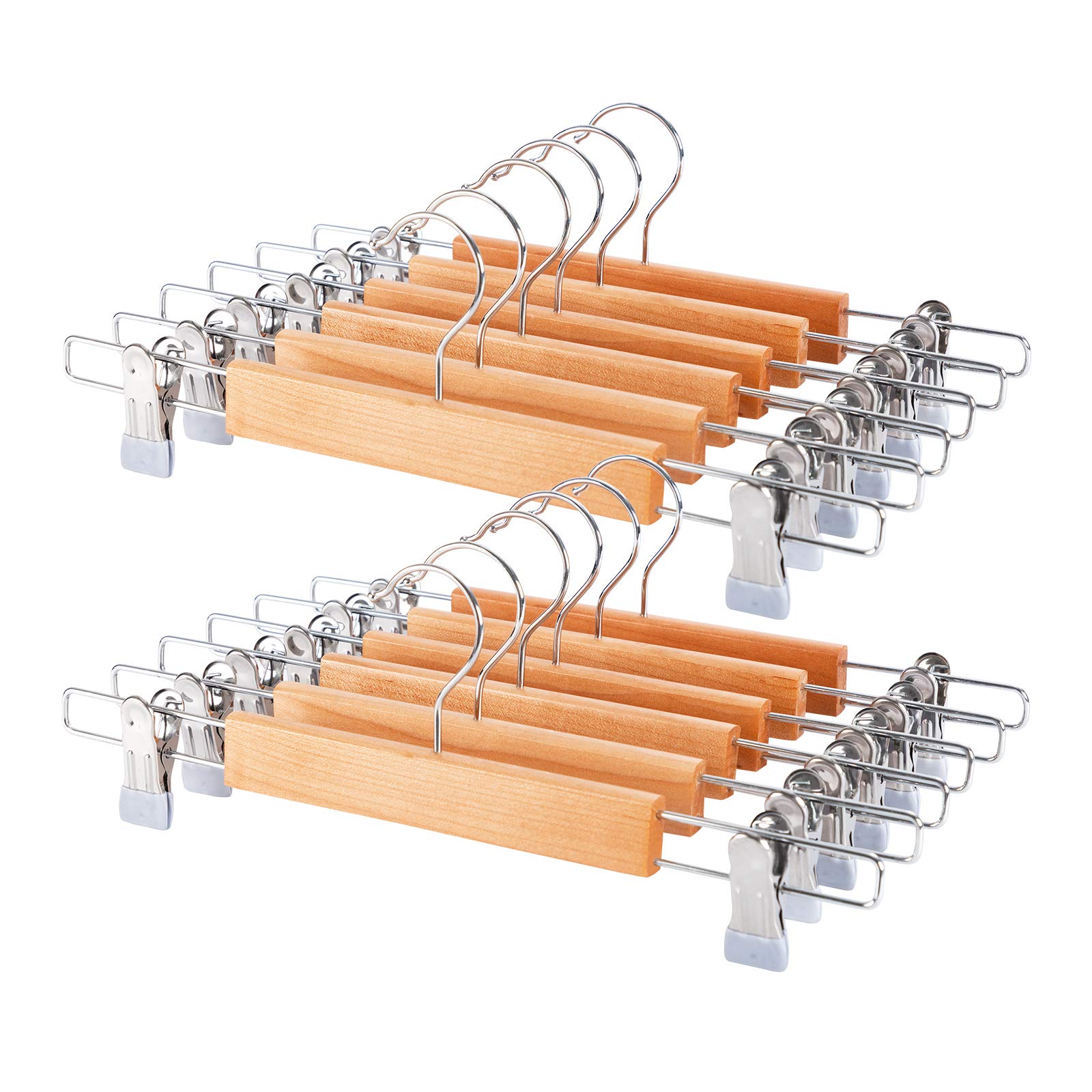 ELONG HOME Wooden Pants Hangers 12Packs, Skirt Hangers with Adjustable Clips, Non Slip Wood Clothes Hangers with Clips, Space Saving Hangers for Pants Skirts Trousers Slacks Jeans