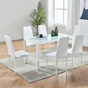 ids online deluxe glass dining table set 7 pieces modern design with faux leather chair elegant style anti dirt, white