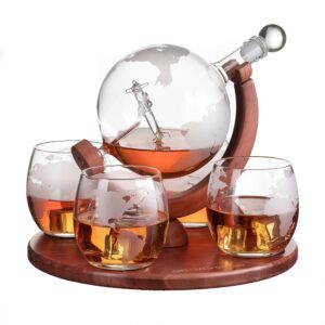 etched world decanter whiskey globe - the wine savant whiskey gift set globe decanter with antique airplane, whiskey stones and 4 world map glasses, pilot gift - alcohol related gift, home bar decor