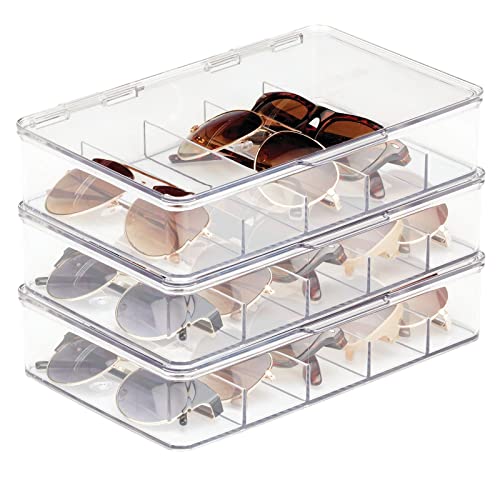 mDesign Plastic Stackable Eyeglass Case Storage Organizer with Hinged Lid for Unisex Sunglasses, Reading Glasses, Fashion Eye Wear, Protective Glasses, 5 Sections, Ligne Collection - 3 Pack - Clear