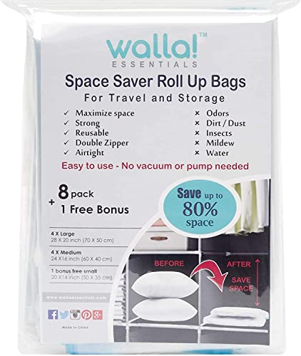 Walla Essentials 9 Space Saver Bags for Travel and Storage for Clothes – Easy to Use - Roll Up Compression Bags – No Vacuum or Pump Needed - Reusable - Plastic Packing Sacks