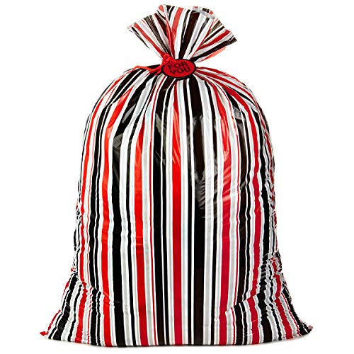 Hallmark 56" Oversized All-Occasion Plastic Gift Bag (Red, Silver and Black Stripes, For You) for Birthdays, Father's Day, Valentines Day, Christmas and More