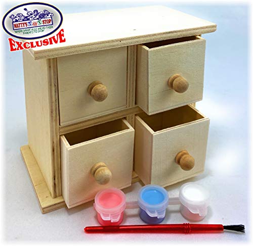 Matty's Toy Stop Design & Paint Your Own Wooden Jewelry Box Set with Mirror Jewelry Box, 3 Drawer Dresser, 4 Drawer Dresser, 3 Brushes & 9 Paints (3 Pink, 3 Blue & 3 White) Gift Set Bundle - 3 Pack