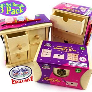 Matty's Toy Stop Design & Paint Your Own Wooden Jewelry Box Set with Mirror Jewelry Box, 3 Drawer Dresser, 4 Drawer Dresser, 3 Brushes & 9 Paints (3 Pink, 3 Blue & 3 White) Gift Set Bundle - 3 Pack