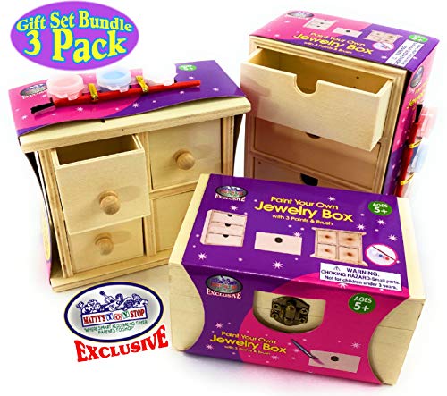 Matty's Toy Stop Design & Paint Your Own Wooden Jewelry Box Set with Mirror Jewelry Box, 3 Drawer Dresser, 4 Drawer Dresser, 3 Brushes & 9 Paints (3 Pink, 3 Blue & 3 White) Gift Set Bundle - 3 Pack