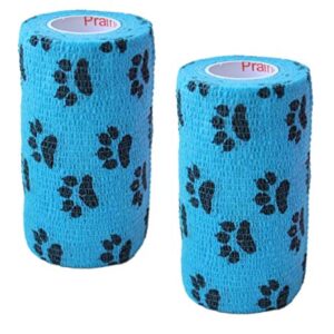 Vet Wrap Wrap Tape (Blue with Paw Prints) (2 Pack) (3 Inch x 15 feet) Self Adhesive Adherent Adhering Cohesive Flex Self Stick Bandage Grip Roll Dog Cat Pet Horse