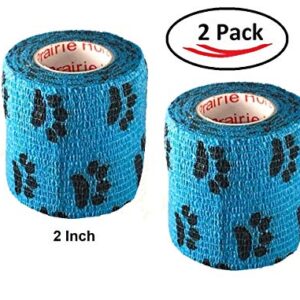 Vet Wrap Wrap Tape (Blue with Paw Prints) (2 Pack) (3 Inch x 15 feet) Self Adhesive Adherent Adhering Cohesive Flex Self Stick Bandage Grip Roll Dog Cat Pet Horse