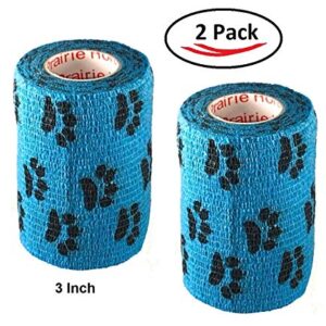 Vet Wrap Wrap Tape (Blue with Paw Prints) (2 Pack) (3 Inch x 15 feet) Self Adhesive Adherent Adhering Cohesive Flex Self Stick Bandage Grip Roll Dog Cat Pet Horse