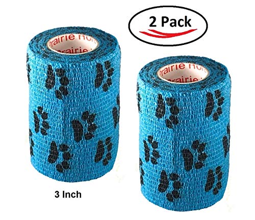 Vet Wrap Wrap Tape (Blue with Paw Prints) (2 Pack) (3 Inch x 15 feet) Self Adhesive Adherent Adhering Cohesive Flex Self Stick Bandage Grip Roll Dog Cat Pet Horse