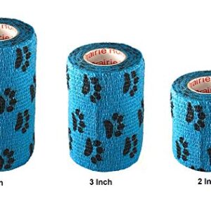 Vet Wrap Wrap Tape (Blue with Paw Prints) (2 Pack) (3 Inch x 15 feet) Self Adhesive Adherent Adhering Cohesive Flex Self Stick Bandage Grip Roll Dog Cat Pet Horse