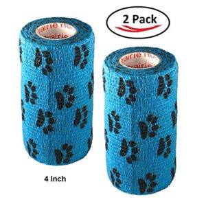 Vet Wrap Wrap Tape (Blue with Paw Prints) (2 Pack) (3 Inch x 15 feet) Self Adhesive Adherent Adhering Cohesive Flex Self Stick Bandage Grip Roll Dog Cat Pet Horse