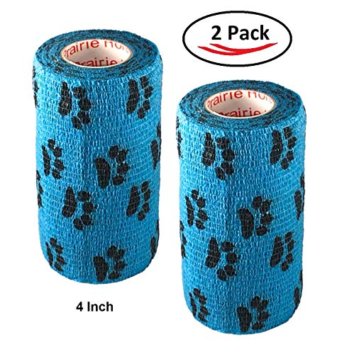 Vet Wrap Wrap Tape (Blue with Paw Prints) (2 Pack) (3 Inch x 15 feet) Self Adhesive Adherent Adhering Cohesive Flex Self Stick Bandage Grip Roll Dog Cat Pet Horse