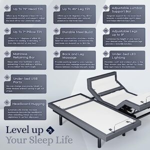 Sven & Son Platinum Series Adjustable Bed Base + 14" Premium Memory Foam Mattress, Platform Frame Compatible, Lumbar Support, USB Ports, Zero Gravity, Dual Massage, Wireless Remote - Split King