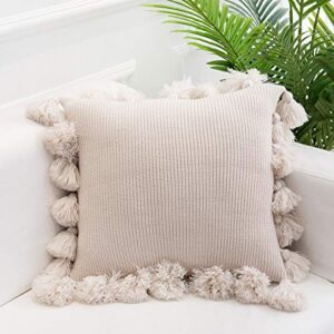 famibay knitted pillow covers with pompoms tassel boho striped cable knit throw pillow cases decorative pillow cushion cover set for home sofa couch bed 18” x 18” beige