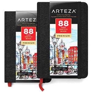 arteza small sketch book pack of 2, 3.5 x 5.5 inches drawing pad, 88-page pocket sketch pads with 118lb paper, bookmark ribbon, inner pocket, and elastic strap, drawing book for dry media