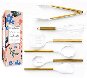 styled settings white silicone and gold kitchen utensils set for modern cooking and serving, stainless steel gold cooking utensils and gold serving utensils- luxe white and gold kitchen accessories