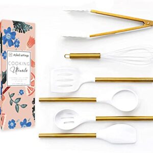 STYLED SETTINGS White Silicone and Gold Kitchen Utensils Set for Modern Cooking and Serving, Stainless Steel Gold Cooking Utensils and Gold Serving Utensils- Luxe White and Gold Kitchen Accessories