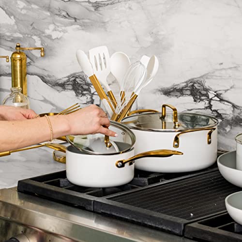 STYLED SETTINGS White Silicone and Gold Kitchen Utensils Set for Modern Cooking and Serving, Stainless Steel Gold Cooking Utensils and Gold Serving Utensils- Luxe White and Gold Kitchen Accessories