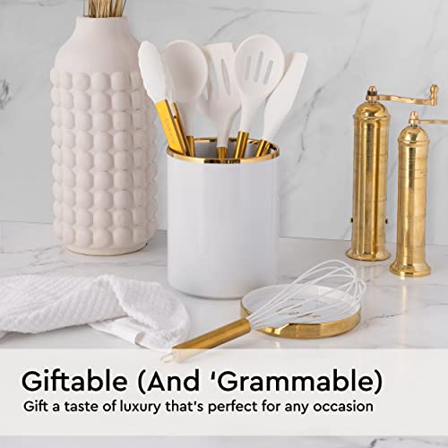 STYLED SETTINGS White Silicone and Gold Kitchen Utensils Set for Modern Cooking and Serving, Stainless Steel Gold Cooking Utensils and Gold Serving Utensils- Luxe White and Gold Kitchen Accessories