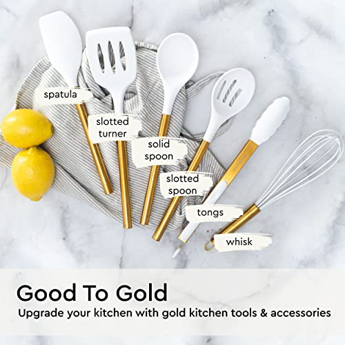 STYLED SETTINGS White Silicone and Gold Kitchen Utensils Set for Modern Cooking and Serving, Stainless Steel Gold Cooking Utensils and Gold Serving Utensils- Luxe White and Gold Kitchen Accessories