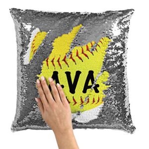 Violet Victoria & Fan Star Personalized Softball Sequin Mermaid Flip Pillow (Silver Sequins - Pillowcase Only)