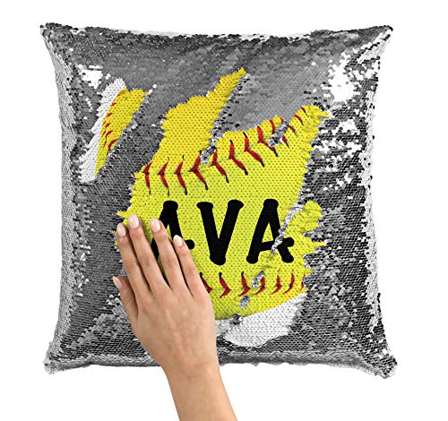 Violet Victoria & Fan Star Personalized Softball Sequin Mermaid Flip Pillow (Silver Sequins - Pillowcase Only)