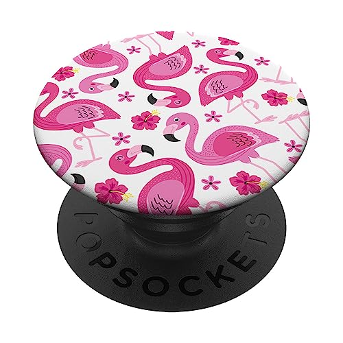 Pink Flamingo Hibiscus Flowers Summer Beach Vacation PopSockets Swappable PopGrip