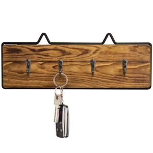 mygift wall mounted rustic solid burnt wood key storage organizer rack with black metal frame and 4 hooks, entryway key, lanyard and personal mask hanger