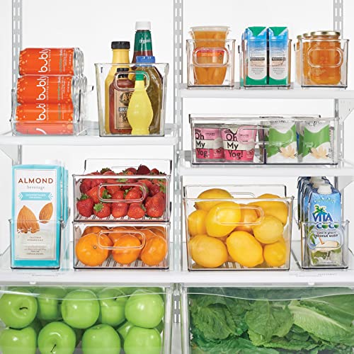 mDesign Wide Plastic Kitchen Storage Container Bins with Handles -Organization in Pantry, Cabinet, Refrigerator or Freezer Shelves - Food Organizer for Fruit, Yogurt, Squeeze Pouches - 4 Pack - Clear