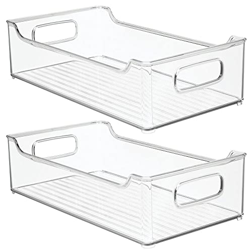 mDesign Wide Plastic Kitchen Storage Container Bins with Handles -Organization in Pantry, Cabinet, Refrigerator or Freezer Shelves - Food Organizer for Fruit, Yogurt, Squeeze Pouches - 2 Pack - Clear