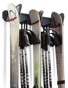 wall mounted horizontal rack for storage of skis and poles-heavy duty weatherproof nonslip garage wall organizer for carrying snowboard, hockey sticks, skates, helmets (large, 2 ski sets)