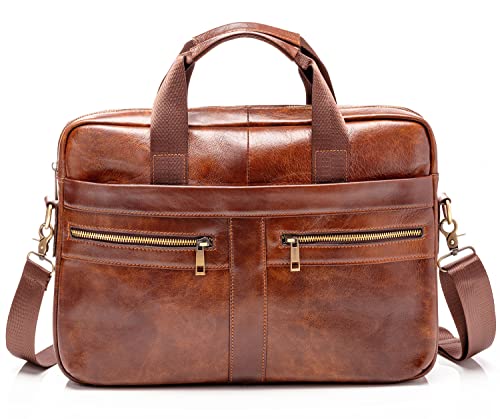 BRA1NST0RM Genuine Leather Briefcase for Men with Padded Protection for 14 inch Laptop. Mens Professional Executive Messenger Work Bag Carrier