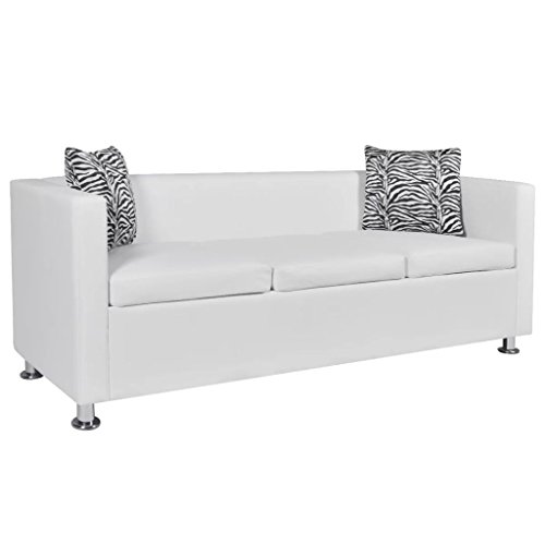 Festnight 3 Seater Sofa Faux Leather Upholstery Modern Couch with Armrest and Pillows for Living Room Home Office Furniture (White)