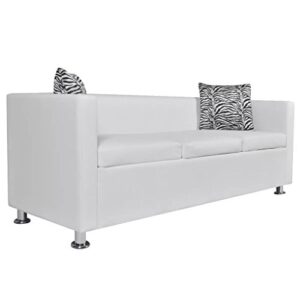 Festnight 3 Seater Sofa Faux Leather Upholstery Modern Couch with Armrest and Pillows for Living Room Home Office Furniture (White)