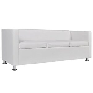 Festnight 3 Seater Sofa Faux Leather Upholstery Modern Couch with Armrest and Pillows for Living Room Home Office Furniture (White)