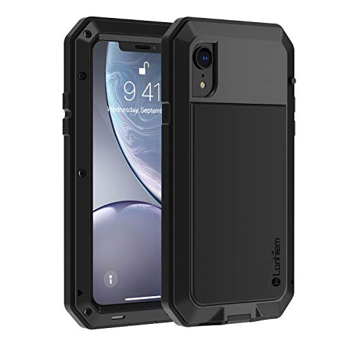 Lanhiem iPhone XR Metal Case, Heavy Duty Shockproof Case with Built-in Glass Screen Protector, Rugged Full Body Protective Cover for iPhone XR, Black