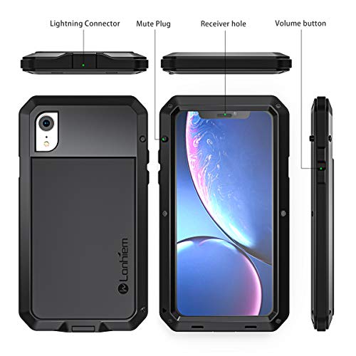 Lanhiem iPhone XR Metal Case, Heavy Duty Shockproof Case with Built-in Glass Screen Protector, Rugged Full Body Protective Cover for iPhone XR, Black