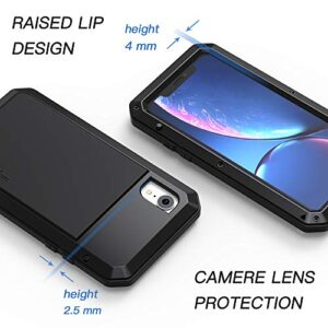 Lanhiem iPhone XR Metal Case, Heavy Duty Shockproof Case with Built-in Glass Screen Protector, Rugged Full Body Protective Cover for iPhone XR, Black