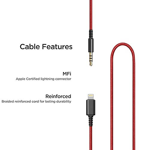 Thore Over Ear iPhone Headphones with Lightning Connector (Apple MFi Certified) – Closed Back Studio DJ Monitor Earphones (50mm Neodymium Drivers) (V200 Black/Red)