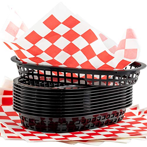 Retro Style Black Fast Food Basket (12Pk) and Red Checkered Deli Liner (120Pk) Combo. Classic 11 In Deli Baskets Are Microwavable and Dishwasher Safe. Disposable Deli Paper Squares for Easy Cleanup