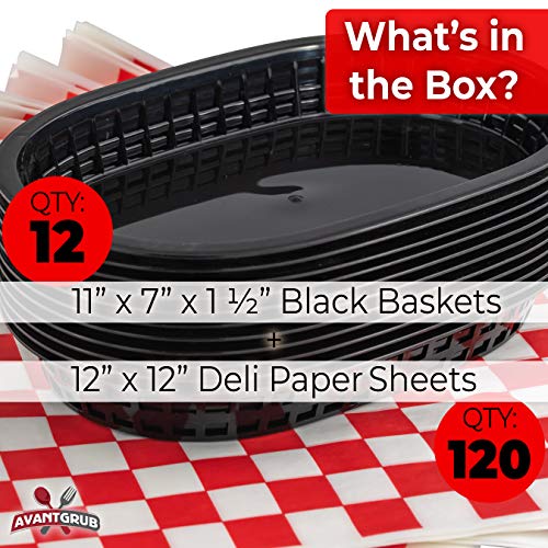 Retro Style Black Fast Food Basket (12Pk) and Red Checkered Deli Liner (120Pk) Combo. Classic 11 In Deli Baskets Are Microwavable and Dishwasher Safe. Disposable Deli Paper Squares for Easy Cleanup