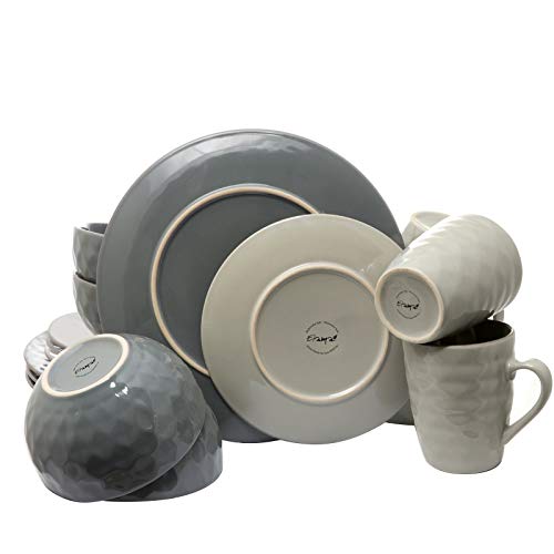 Elama Round Tahitian Stoneware Pearl Collection Dinnerware Dish Set, 16 Piece, Slate and Stone Gray