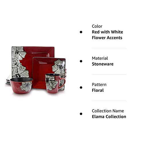 Elama Stoneware Dinnerware Collection, 16 Piece, Red with White Flower Accents